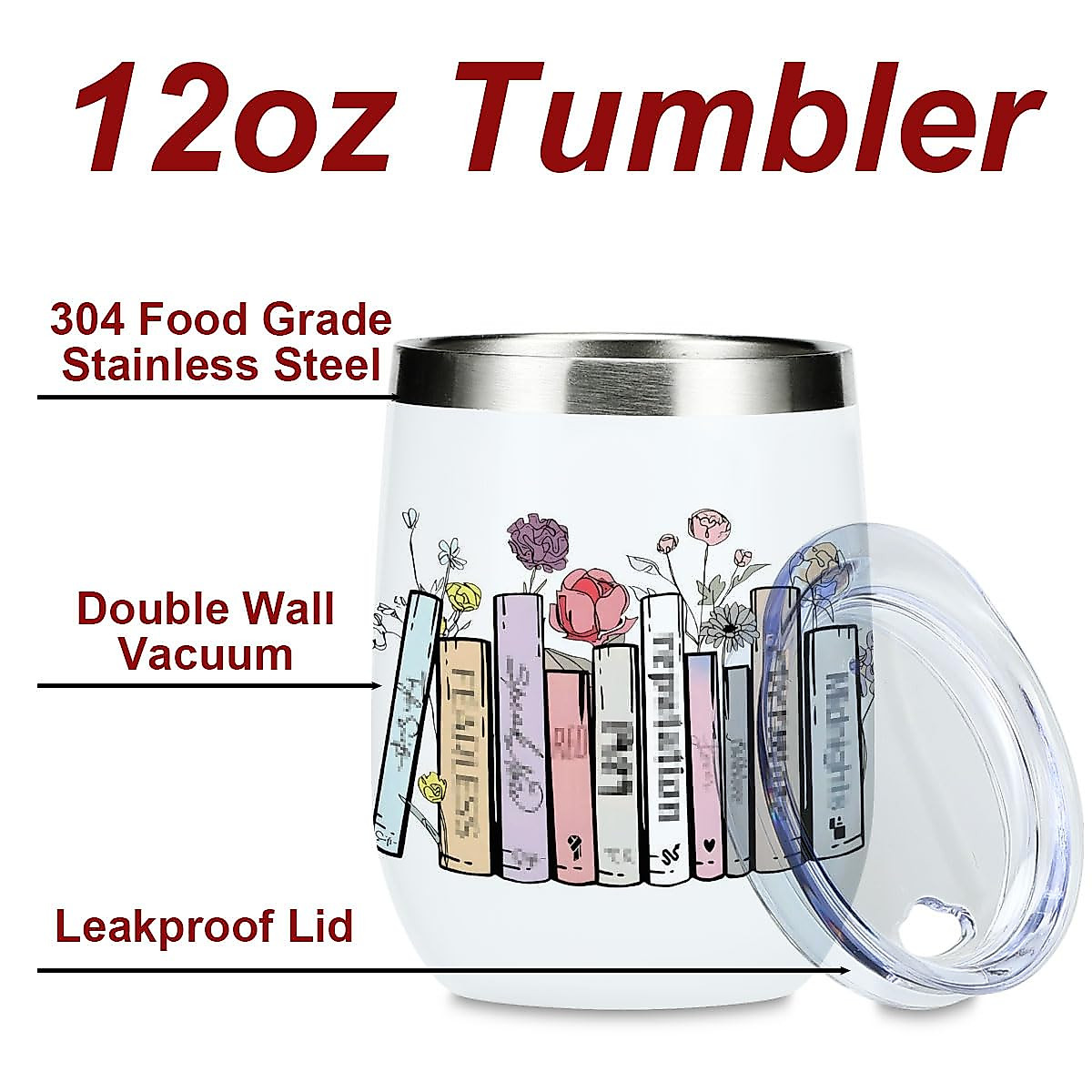 Inspired Tumbler Book Decor Book Lovers Gifts Bookish Coffee Mug Music Lover Gift for Women Mom Girls Sister Friendship Birthday Christmas 12 oz Wine Tumbler Stainless Steel Coffee Thermos with Lid
