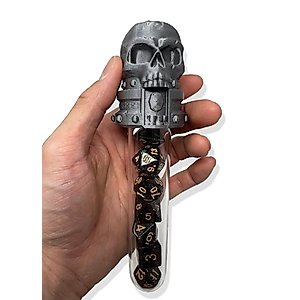MunnyGrubbers - Skull Potion Vial Dice Holder - (Random 7PCS D20 Dice Set Included) - Dice Storage and Display - Tabletop RPG - Dungeons and Dragons - DND - D&D - (Silver)