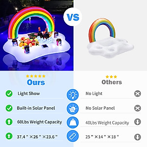 FirstE Inflatable Rainbow Cloud Drink Holder with Lights, Solar Powered Floating Beverage Salad Fruit Serving Bar Pool Float Lights Party Accessories, Floating Bar Cup Holder for Water Fun 2PC