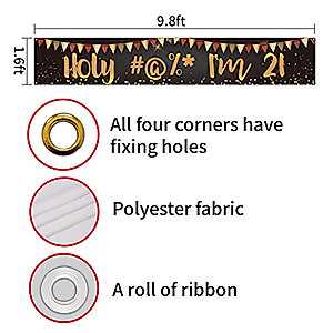 Black Gold Large Holy Shit I’m 21 Banner Backdrop,Fun 21st Birthday Banner For Boy Or Girl,Cheer To 21 Years Old Party Decorations Supplies Lawn Sign Yard Sign Porch Sign Outdoor Backdrop 9.8x1.6 Feet