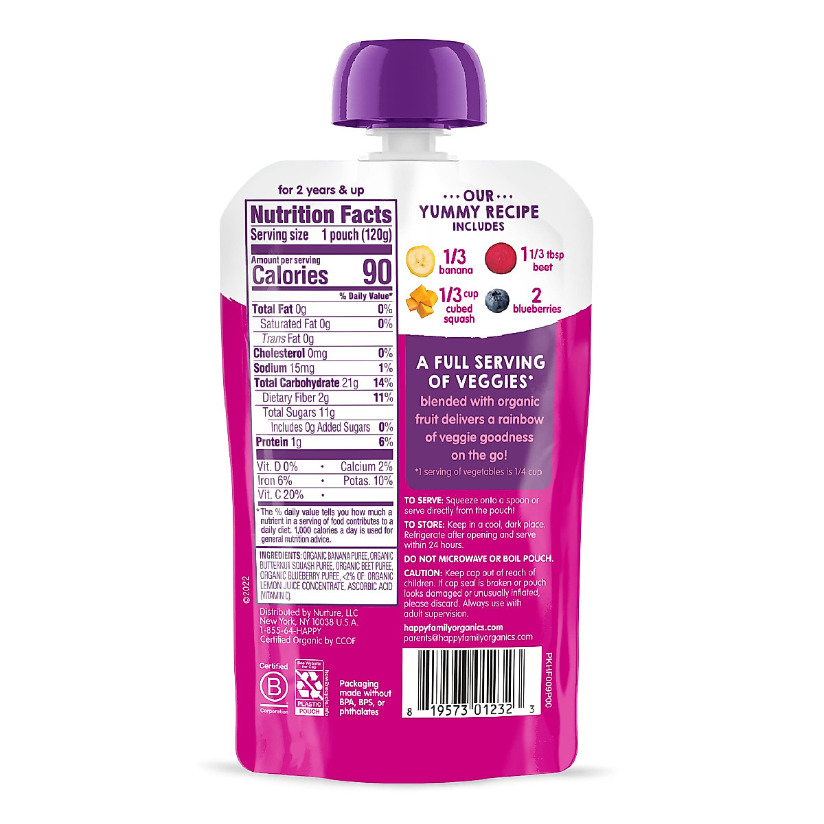 Happy Tot Organics Stage 4 Baby Food Pouches, Gluten Free, Vegan Snack, Love My Veggies, Fruit & Veggie Puree, Banana, Beet, Squash & Blueberry, 4.22 Ounce (Pack of 16)