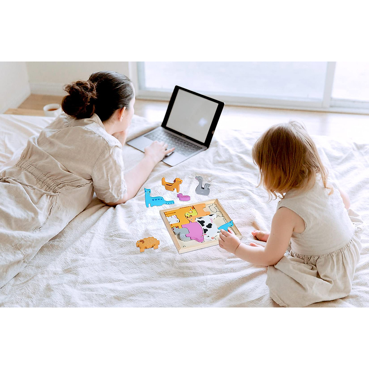 Childgoo 2 in 1 Wooden Farm Animal Sorting & Stacking Toys Wooden Blocks and Puzzles for Kids Ages 3-5 Montessori Gifts for Toddlers Boys & Girls Ages 3 4 5 6 Years Old (Farm Animal)