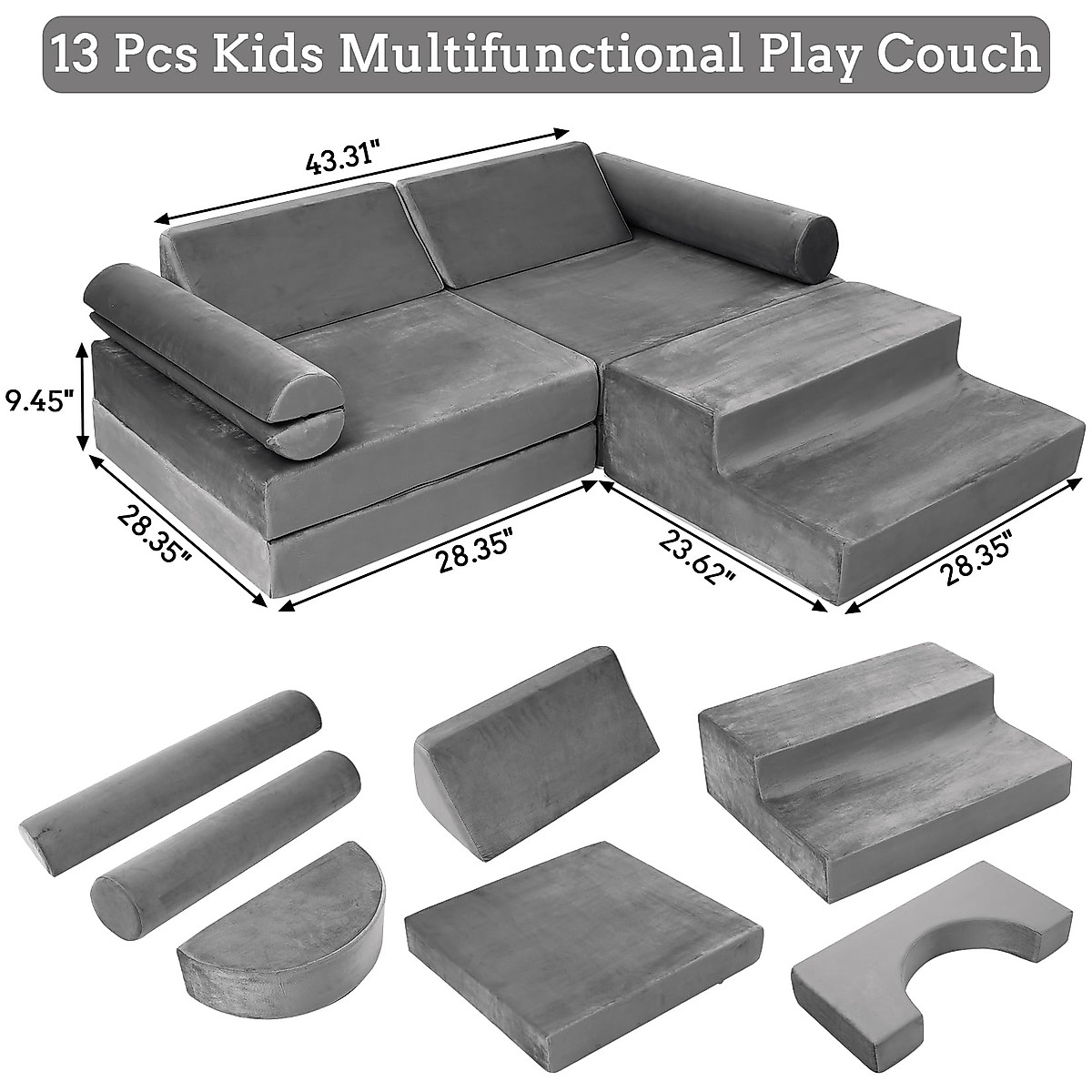 GarveeHome Modular Kids Couch 13PCS Nugget Couch,Toddler Couch for Creative Boys Girls, Convertible Nugget Couch Kids Modular Play Couch, Kids Sofa for Playroom,Grey 56.7"x28.35"
