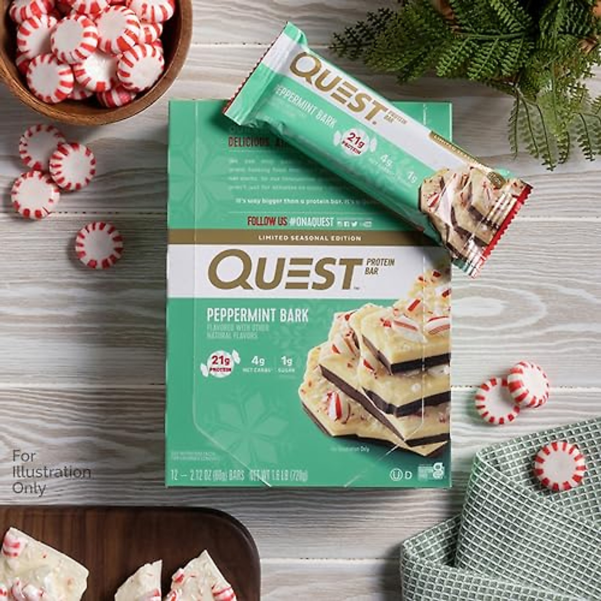 Quest Nutrition Peppermint Bark Protein Bar, 21g Protein, 4g Net Carb, 1g Sugar, Gluten Free, 12 Count