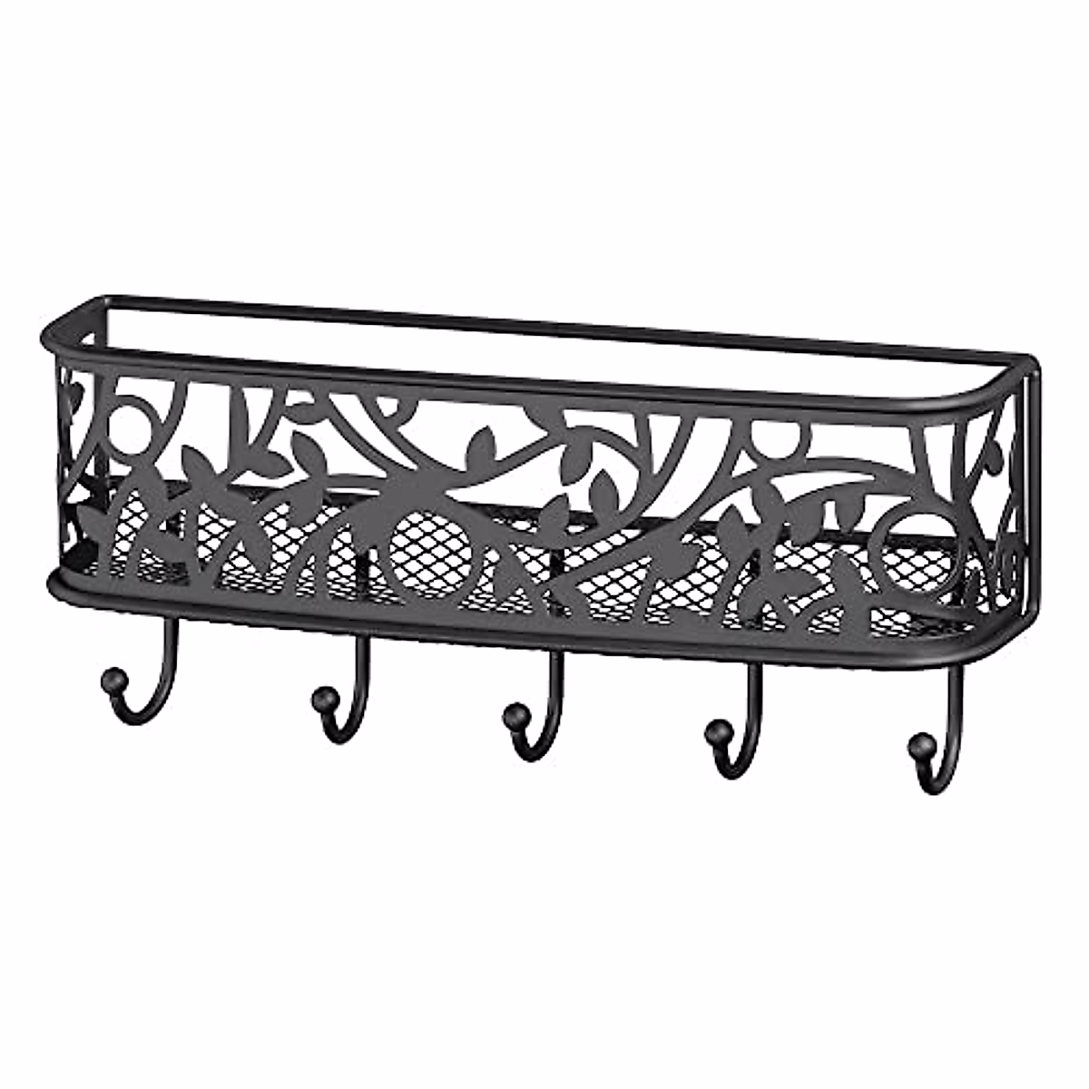 mDesign Wall Mount Metal Entryway Storage Organizer Mail Sorter Basket with 5 Hooks - Letter, Magazine, Coat, Leash and Key Holder for Entryway, Mudroom, Hallway, Kitchen, Office - Matte Black