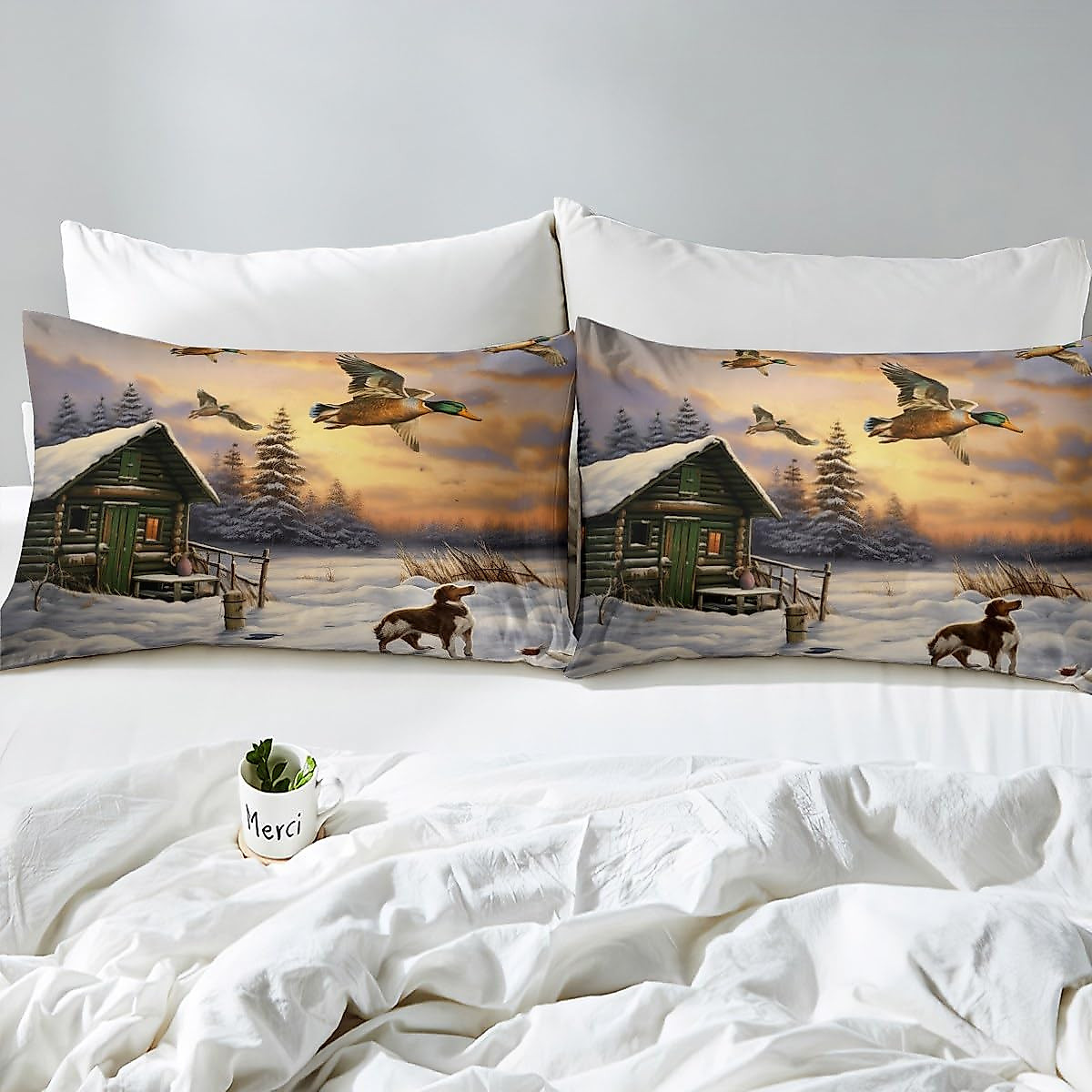 Feelyou Duck Hunting Duvet Cover Dog Hunter Bedding Set for Kids Boys Girls Flying Duck Comforter Cover Wildlife Bedspread Cover 1 Duvet Cover with 2 Pillowcases Full Size (No Comforter)