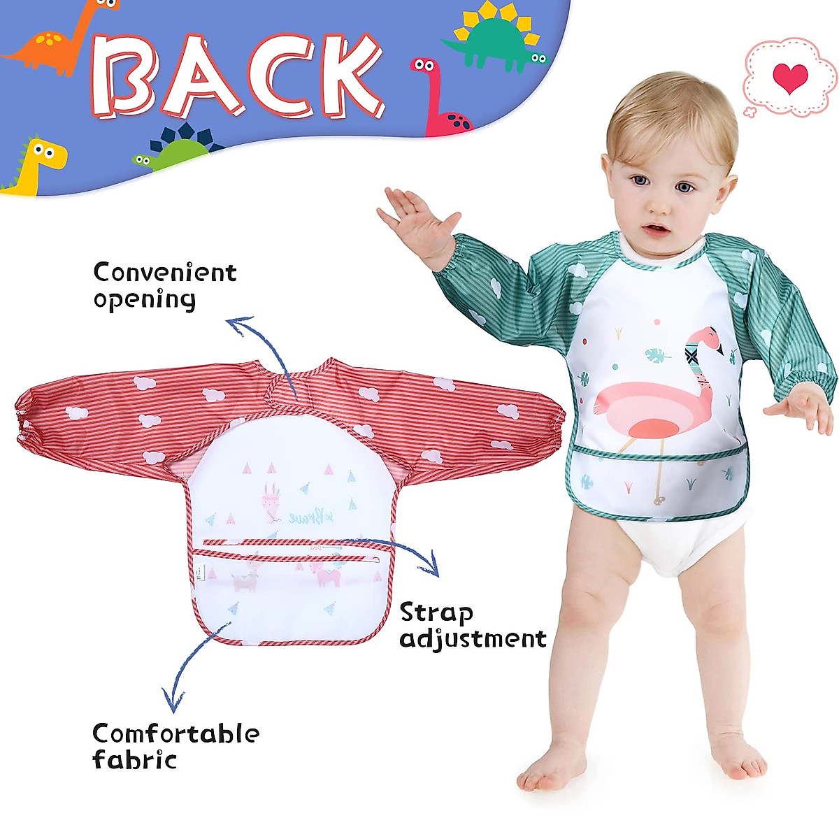 8 Pack Long Sleeve Baby Bibs for Girl or Boy Baby Waterproof Sleeved Bib Infant Art Smock Apron Baby Bibs for Eating Long Sleeve Bibs for Babies Animal Pattern Toddler Bib with Pocket for 6-36 Months