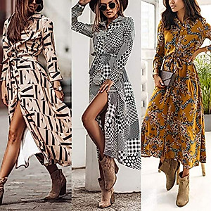 wodceeke Women 2021 Spring Boho Maxi Dress Button V-Neck Long Sleeve Retro Graphics Print Dress Wedding Guest Prom Dress (Khaki, M)