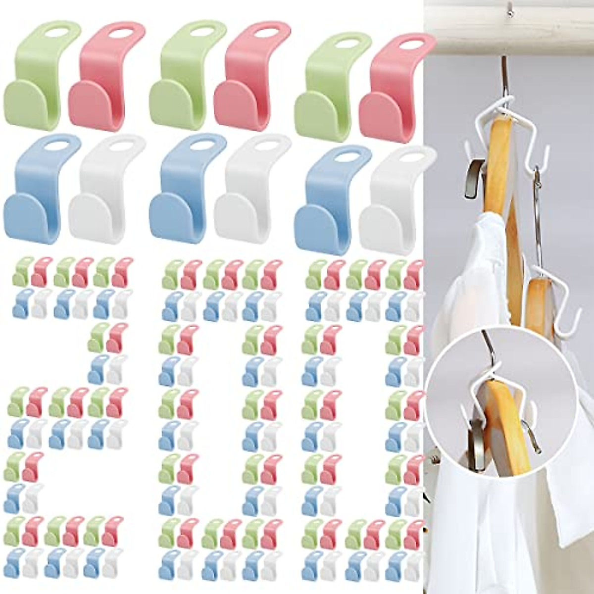 200PCS Clothes Hanger Connector Hooks, 4-Colors Hanger Extender Clips, Plastic Magic Hanger Hooks for Hangers Space Saving and Clothes Closet Organizer