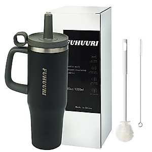 FUHUURI 40oz Stainless Steel Tumbler with Handle,Straw Lid,Double Wall Insulated, Keep Drinks Cold or Hot,Cupholder Friendly (Black grey)