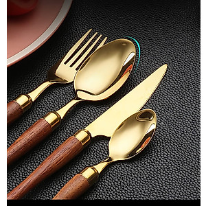 Wooden Silverware Set for 6 ，Retro 30 Pieces Stainless Steel Cutlery Flatware Cutlery Set for Gatherings Wedding Christmas Party Halloween Kitchen Mirror Polished - Pear Wooden Handle
