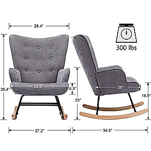 VESCASA Linen Rocking Chair with Tufted Wingback，23.5" Wide Midcentury Modern Indoor Glider Rocker with Arms for Nursery/Reading/Living Room/Bedroom, Grey