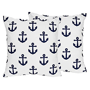 Sweet Jojo Designs Navy Blue White Anchors Decorative Accent Throw Pillows - Set of 2 - Nautical Theme Ocean Sailboat Sea Marine Sailor Anchor Unisex Gender Neutral