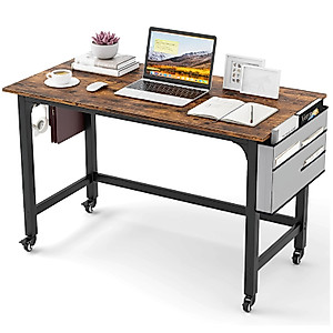 Tangkula 48” Mobile Computer Desk with Storage Bag & 2 Hanging Hooks, Rolling Home Office Writing Study Desk, Rolling PC Workstation with Lockable Universal Casters for Study Room, Bedroom