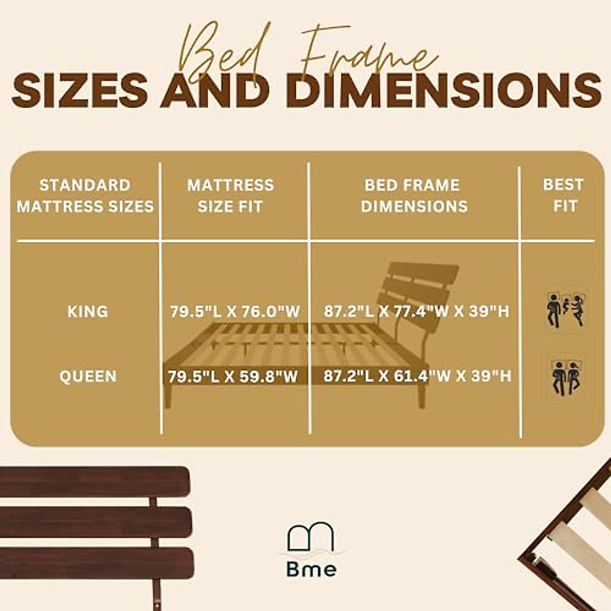 Bme Caden 15'' Bed Frame with Adjustable Headboard - Mid Century, Retro Style with Acacia Wood - No Box Spring Needed - Wood Slat Support - Easy Assembly - Walnut, King (U.S. Standard)