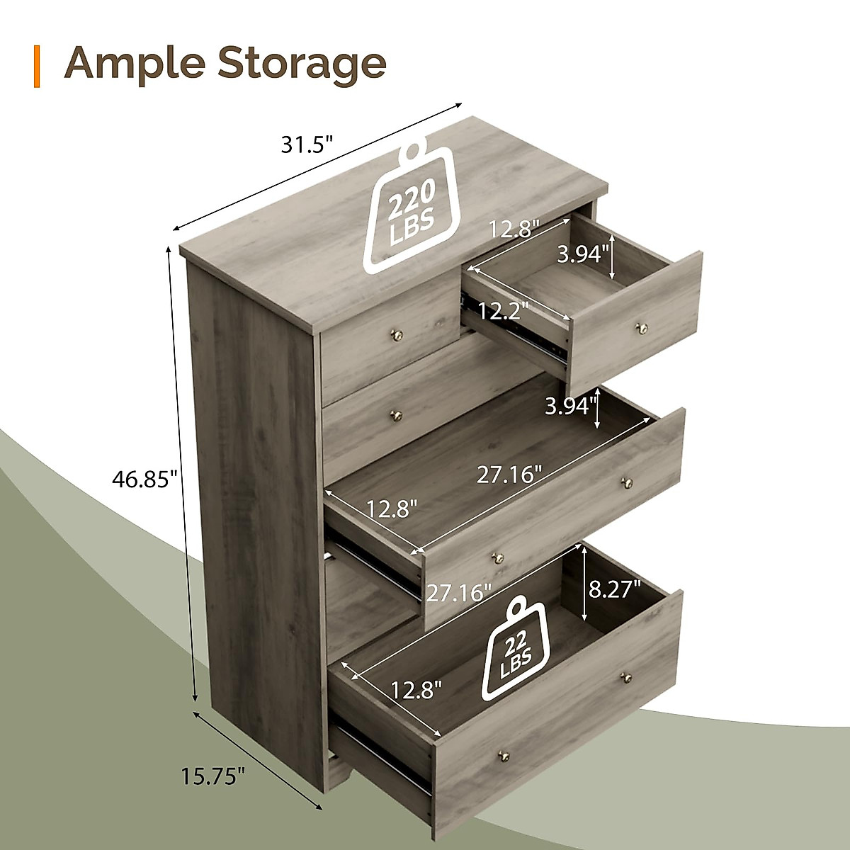 VINGLI 6 Drawer Dresser, 46.8" Tall Dresser Chest of Drawers for Bedroom, Wood Dresser with 3 Different-Sized Drawers, Rustic Grey Dresser for Living Room, Hallway, Home Office