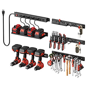 CCCEI 5PCS Individual Pegboard Strip with Power Outlet. Garage All Metal Wall Mount Mini Black Peg Board Set, for Drill and Tools Battery Holder Kit, Cleaning Supplies Cabinet Organizer. Gift for Men