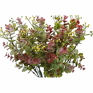 Season’s Need Décor Pack of 2 Faux Eucalyptus Leaves Spray, Artificial Greenery Stems Fake Eucalyptus Branches Plants for Greenery Wedding Jungle Theme Party (15”x5”) Green-Burgundy