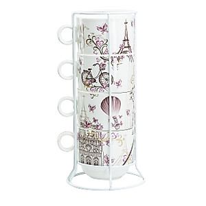 Grace Teaware Stackable Coffee Tea Mug 10-Ounce Set of 4 with White Metal Stand (Paris Eiffel Tower Pink Gold)