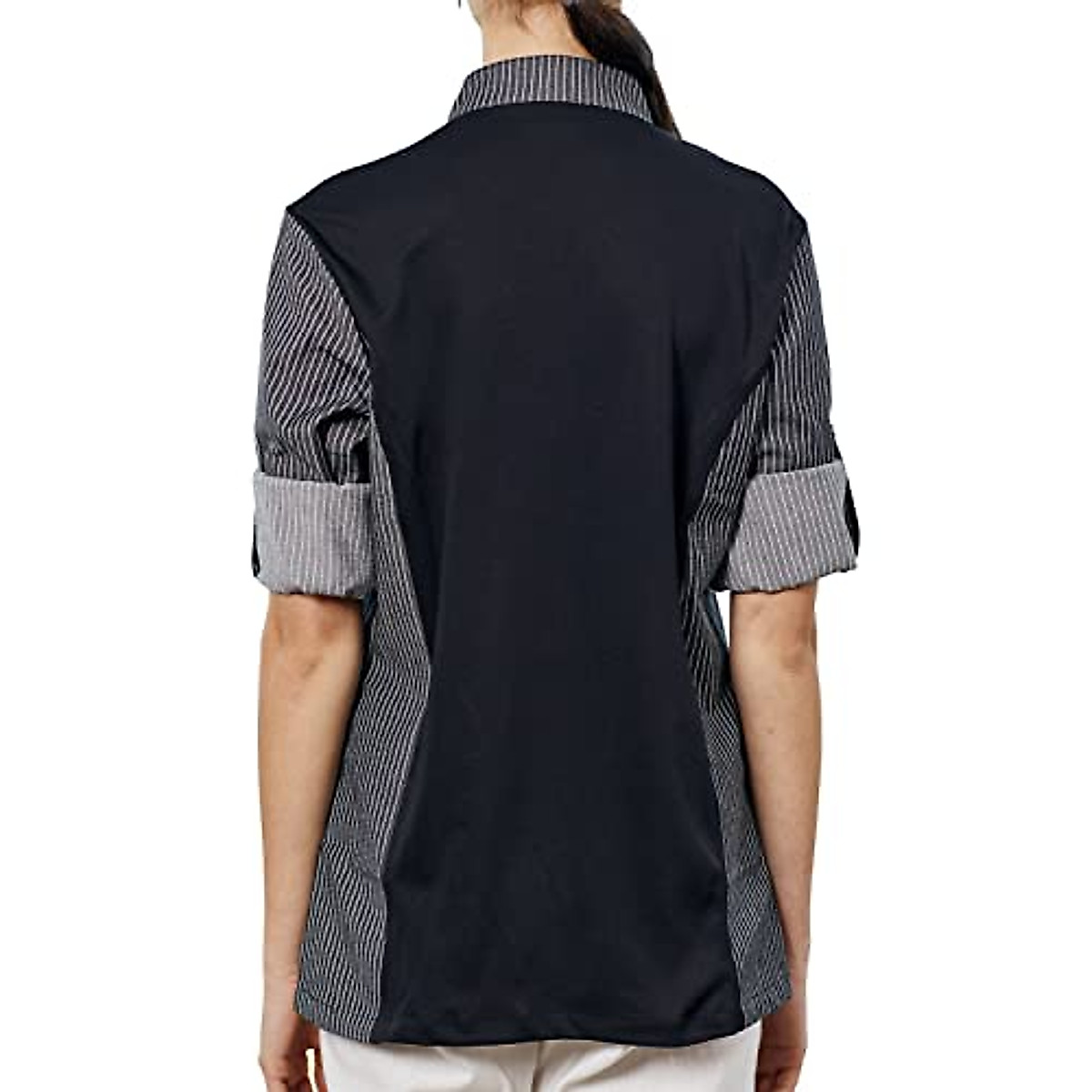 BE THE CHEF Asian Fit Performance 2 Colors Striped Crossover Collar Chef Coat Jacket with Cool Mesh Panels (Black, Medium)