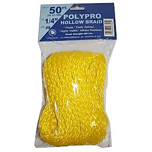 T.W Evans Cordage 1/4-Inch by 50-Feet Hollow Braid Polypro Rope, Yellow