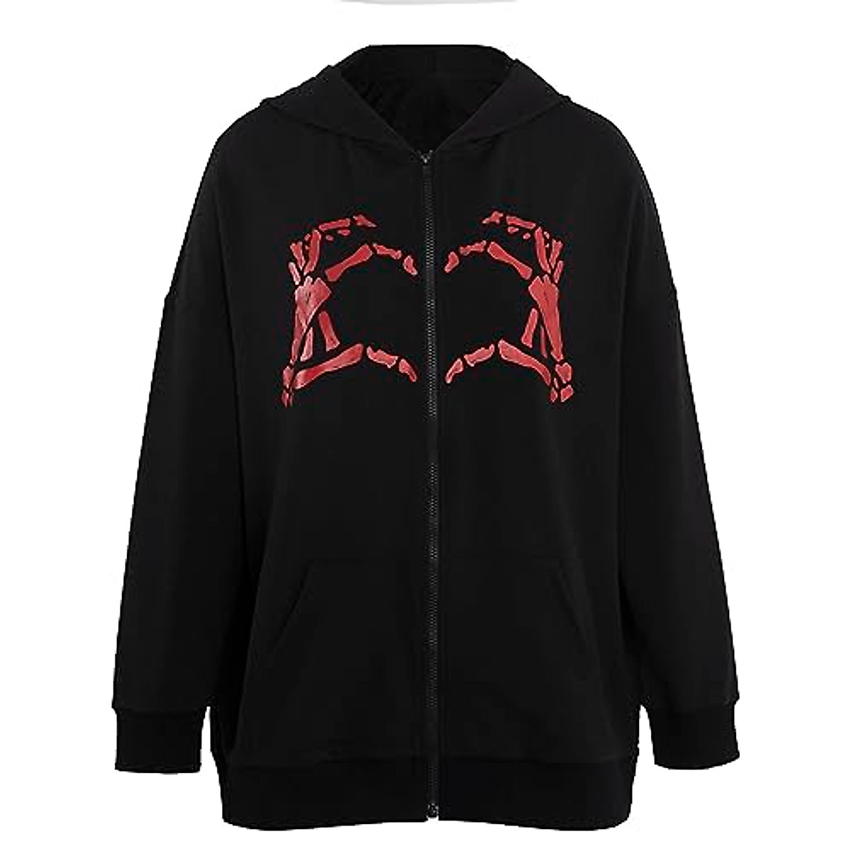 JINTING Skeleton Heart Hand Zip Up Hoodie Sweatshirt Women Vintage Jacket Halloween Oversized Top Jackets Pullover Black