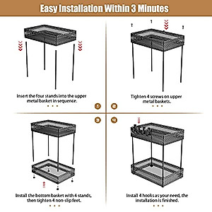 Under Sink Organizers and Storage, Metal Bathroom Organizers Countertop with 4 Hooks, 2 Tiers Under Cabinet Organziers and Storage, Under Kitchen Sink Organizers and Storage with 4 Non-Slip Feet