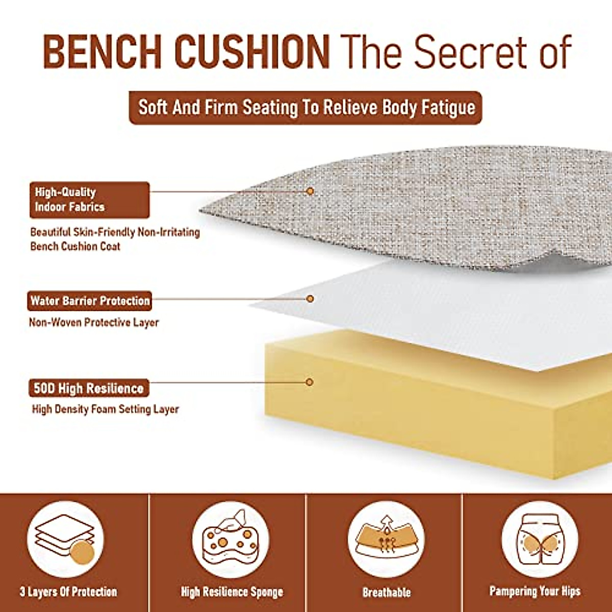 Focuprodu Bench Cushion 42 inch, Patio Furniture Cushions, Personalized Custom Non-Slip Durable Window Cushions Chair Cushions. 90+ Colors to Choose from. (42x18x2.5, Light Brown)