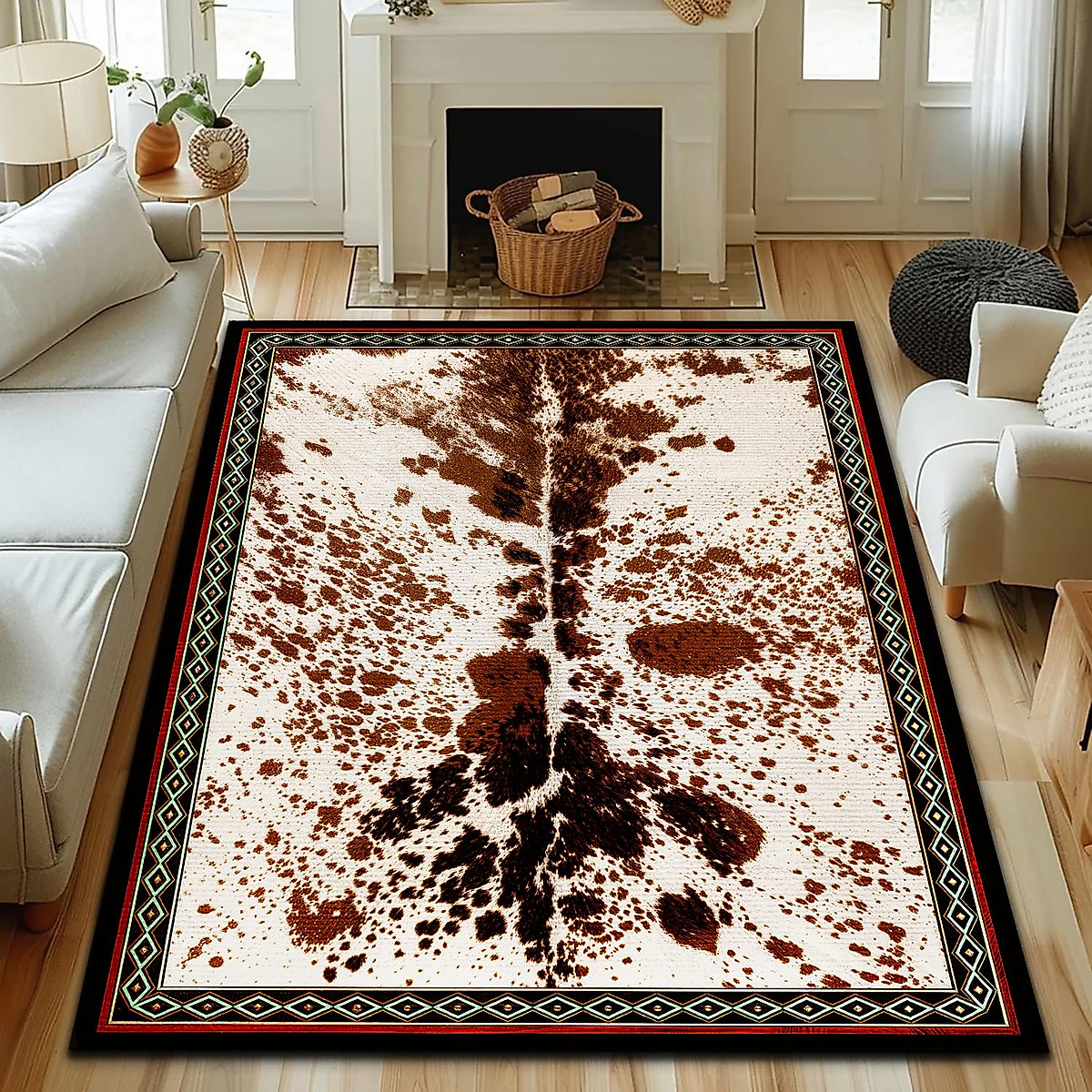Western Cowhide Rugs for Living Room, Classic Style Decorative Cowhide Rugs, Full Sizes 3x5, 5x6, 5x7, 6x9 ft, Washable Area Rugs, Non-Slip Low Pile Carpet, Ultra Soft Rug for Indoor Use 04