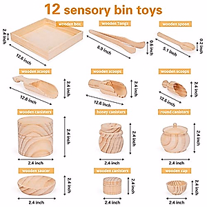 Sensory Bin Tools with Wooden Box, Montessori Toys for Toddlers, Sensory Toys, Set of 12 Wooden Scoops and Wooden Tongs for Transfer Work and Fine Motor Learning, Motor Skills Development