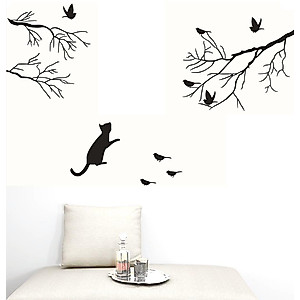 BIBITIME Vinyl Black Cat Staring at Birds on Tree Branch Wall Decal for Living Room Glass Door Window Nursery Bedroom Children Kids Baby Rooms Decor Home Art Murals