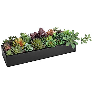 MyGift Artificial Succulent Centerpiece,15.75 Inch Faux Succulents Arrangement Plants in Sleek Black Wooden Rectangular Planter Box