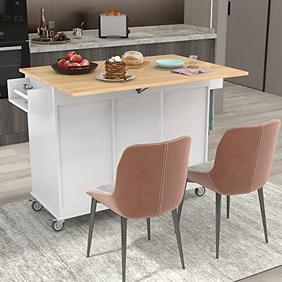 Kitchen Island Carts on Wheels, Rolling Storage Cabinet Trolley 52.7" Foldable Drop-Leaf Breakfast Bar Spice Rack, Towel Rack & Drawer, Solid Wood Top Buffet Server Sideboard(White-B)