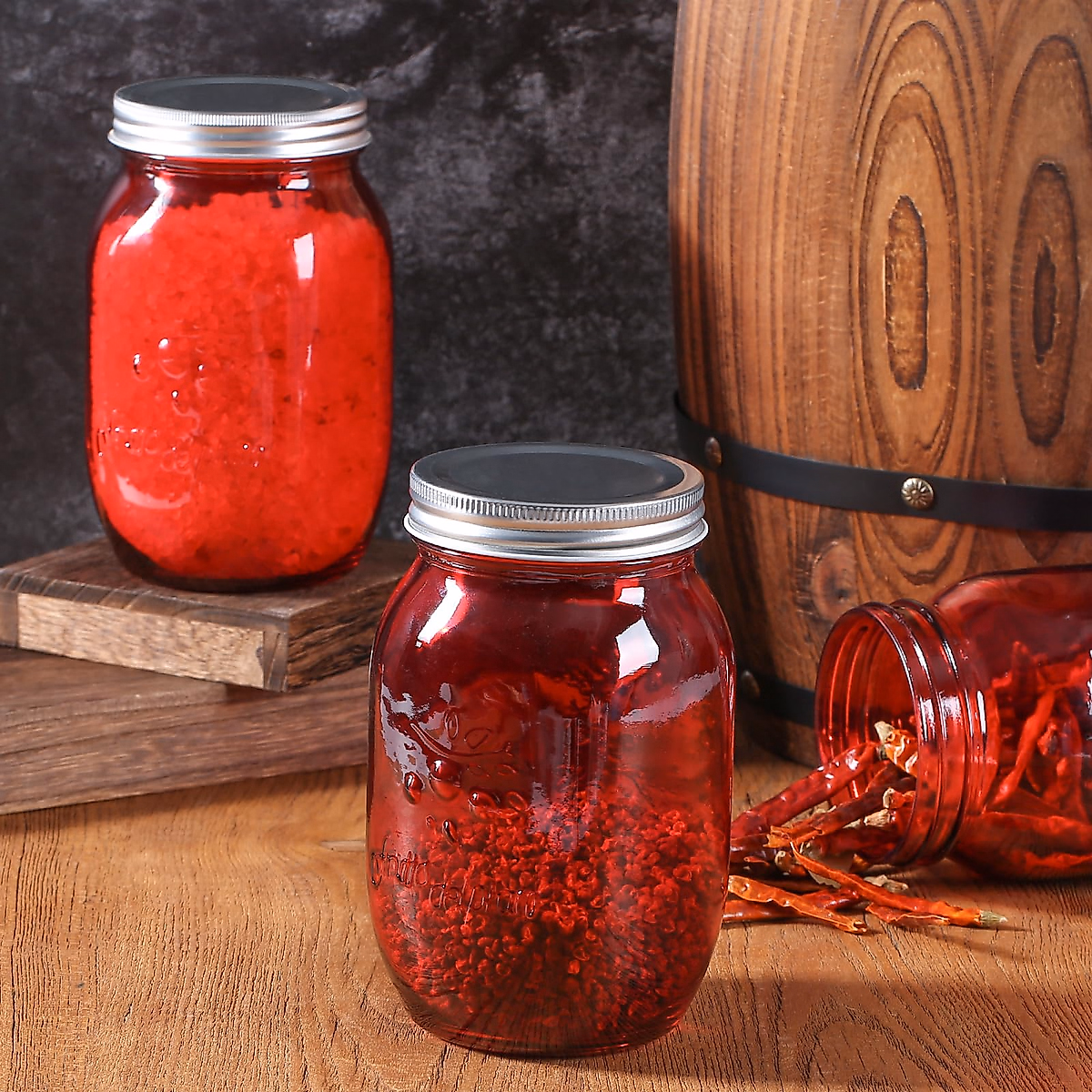 Amzcku 32oz Red Mason Jars with Lids, 6 Pack Wide Mouth Quart Canning Jar, Safe For Storage, Canning, Pickling, Preserving, Fermenting, DIY Crafts & Decor