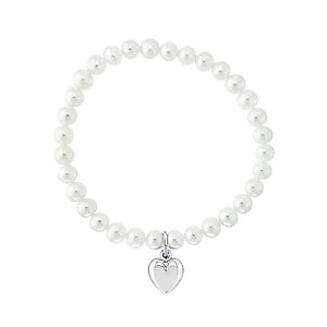 Blue Ocean Pearls .925 Sterling Silver & 6mm-6.5mm AAAA Round White & Pink Freshwater Cultured Pearl Bride & Bridesmaid Stretch Strand Charm Bracelet with Heart Charm - 7" (White)