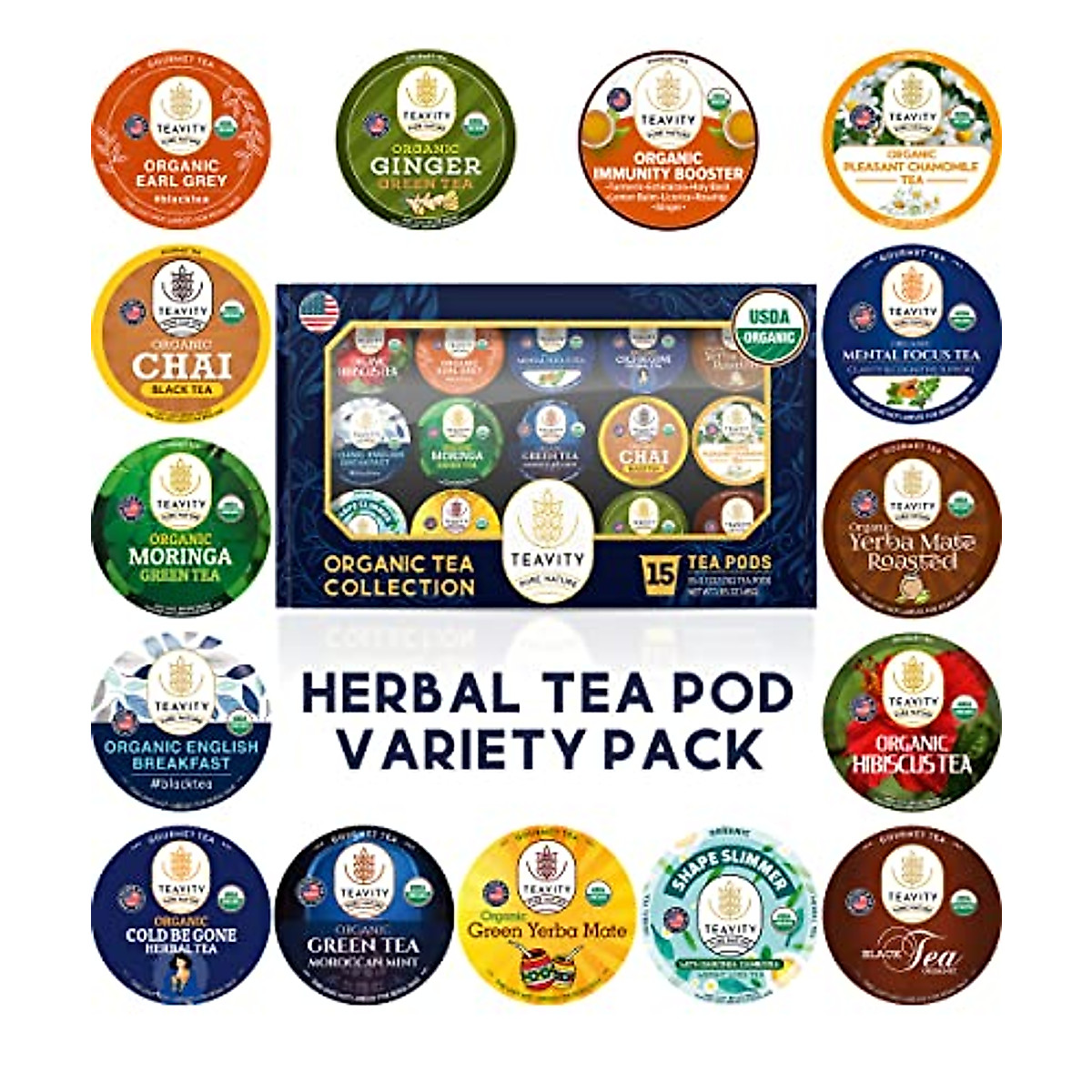Organic Tea Pods Variety Pack - Assorted Sampler Pack Compatible for Keurig Brewer and Coffee Maker - Earl Grey, English Breakfast, Chai, Chamomile - Herbal Tea Pod for K Cup Keurig Brewing -15 count (Pack of 1) by Teavity