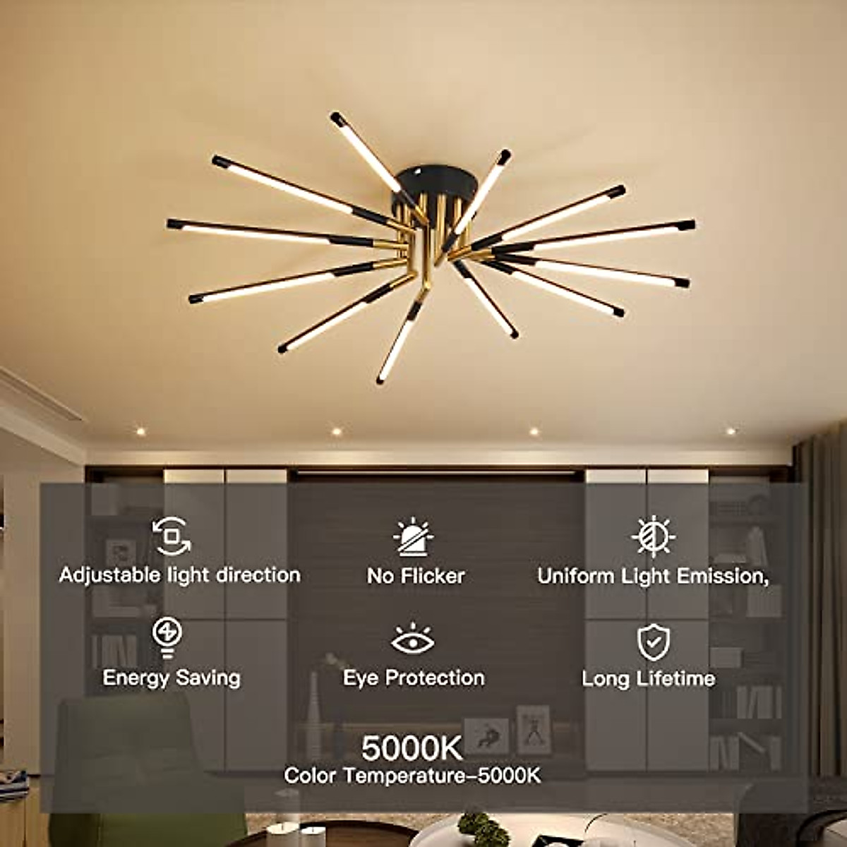 Modern Led ceiling light fixtures flush mount, Black and Gold Light Fixture Ceiling Mount, Modern Dining Room Light Fixture hanging,12-head Led Ceiling Lights for Bedroom,Living Room,Kitchen, Hallway