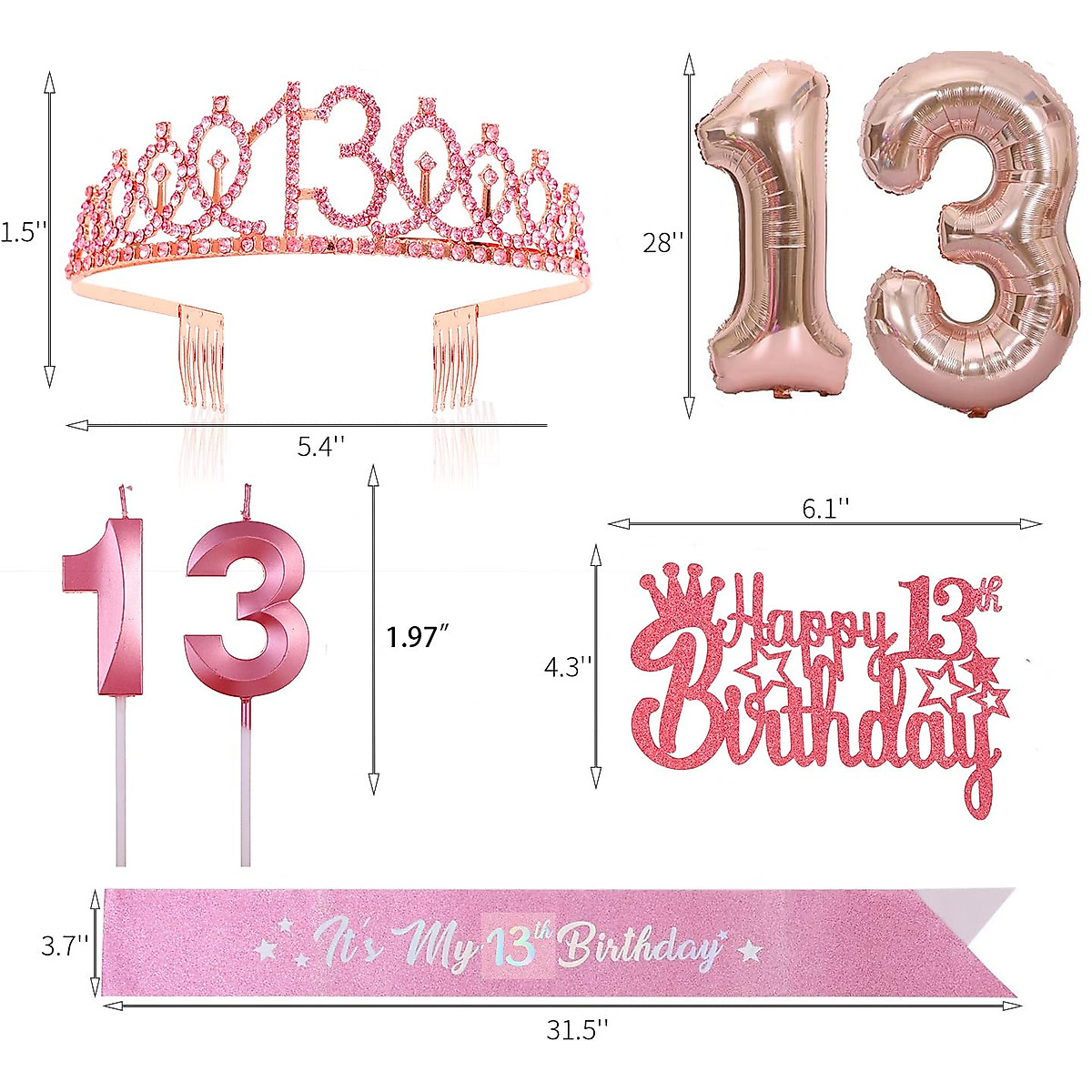 13th Birthday Candle Sash and Tiara Sets,It's My 13th Birthday Sash Rhinestone Crown Happy Birthday Cake Topper 32inch Foil Balloon for Girls 13th Birthday Gift Party Decorations Supplies (Rose 13th)