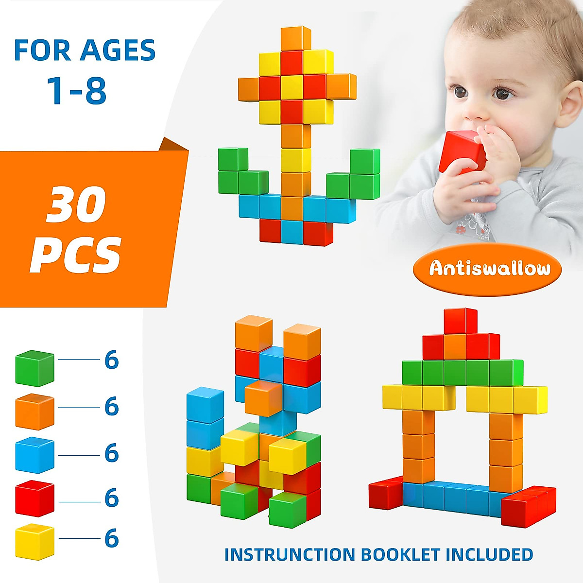 Magnetic Blocks, 1.41 inch Large Magnetic Building Blocks for Toddlers 3 4 5 6 7 8 Years Old Boys Girls Magnetic Cubes for Kids 1-3 Montessori Toys STEM Preschool Educational Building Cube 30 Pcs