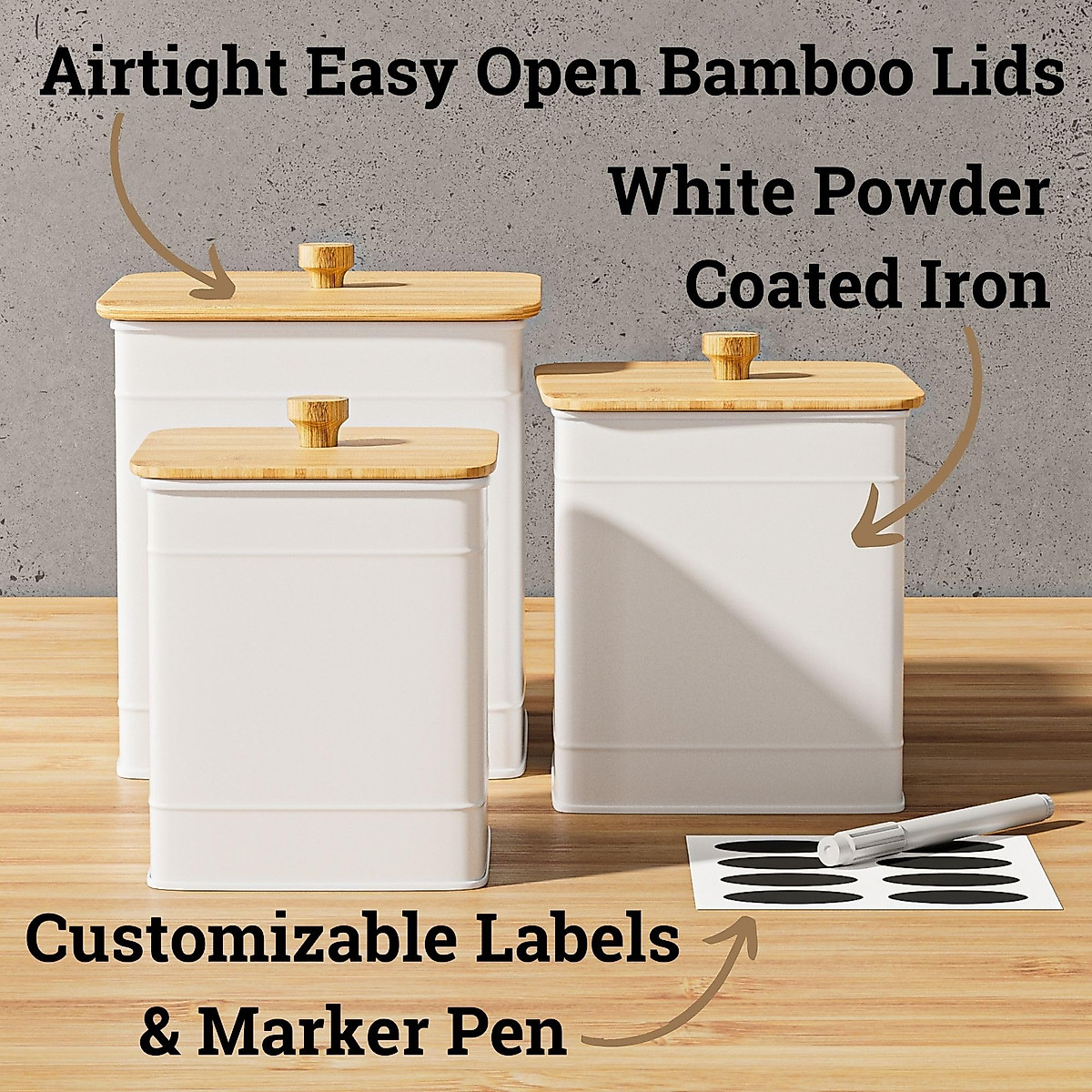 Kitchen Canisters for Countertop Set of 3 with Customizable Chalkboard Labels & Marker Pen - Big Iron Kitchen Canisters with Airtight Lids - Canisters Sets for the Kitchen - White Kitchen Canister Set