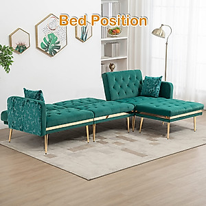 Pvillez Sectional Sofa Futon Sofa Bed Convertible Sleeper Sofa Couch w/Chaise Lounge,Ottoman L-Shape Convertible Couches for Living Room Button Tufted Back Velvet Couch w/Golden Legs