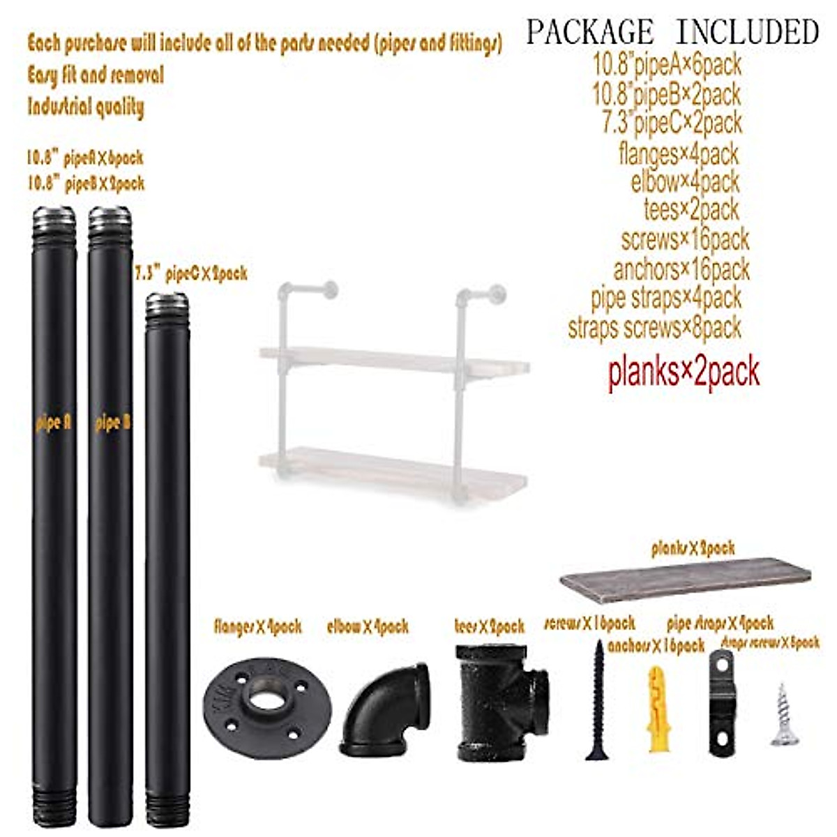 LoftPaipes Industrial Pipe Shelf Wall Mounted,24in 2 Tier Rustic Metal Floating Shelves,Steampunk Real Wood Book Shelves,DIY Bookshelf Hanging Wall Shelves,Farmhouse Kitchen Bar Shelving