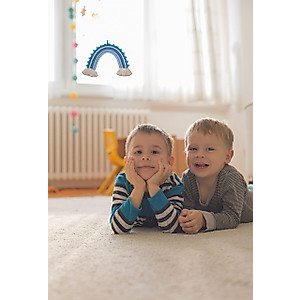 Macrame Pastel Rainbow with Pompoms and Tassels, Wall Hanging Accent for Boys Boho Kid Room Decor, Adorable Baby Shower or Awesome Birthday Gift, Blue 14x11 inches