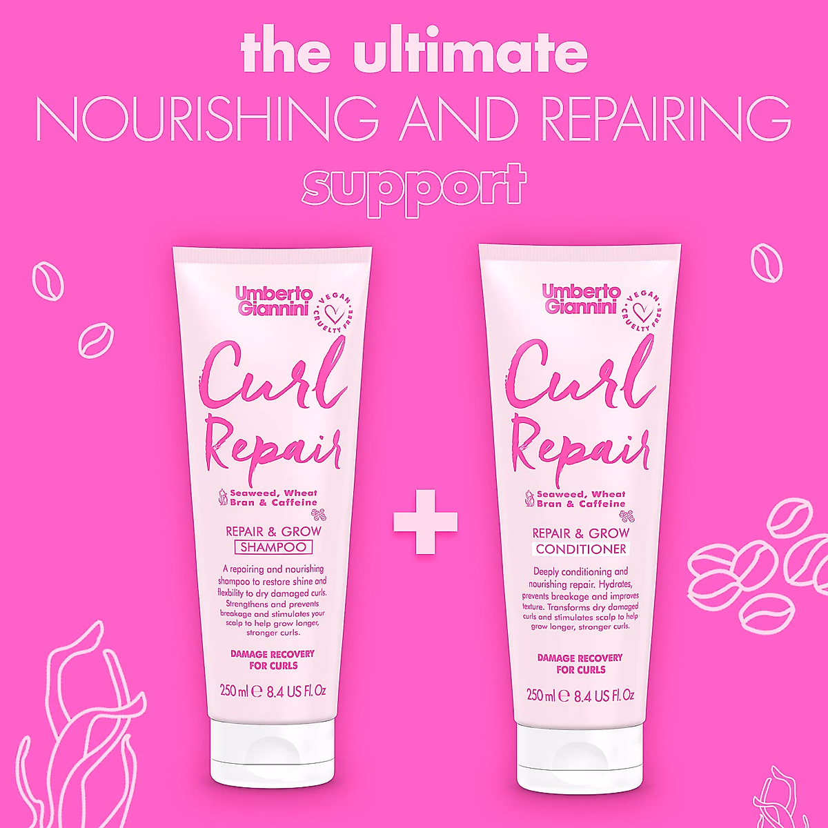 Umberto Giannini Curl Repair Shampoo + Conditioner Set, Vegan & Cruelty Free Repair & Growth Formula with Seaweed, Wheat Bran & Caffeine, 250 ml