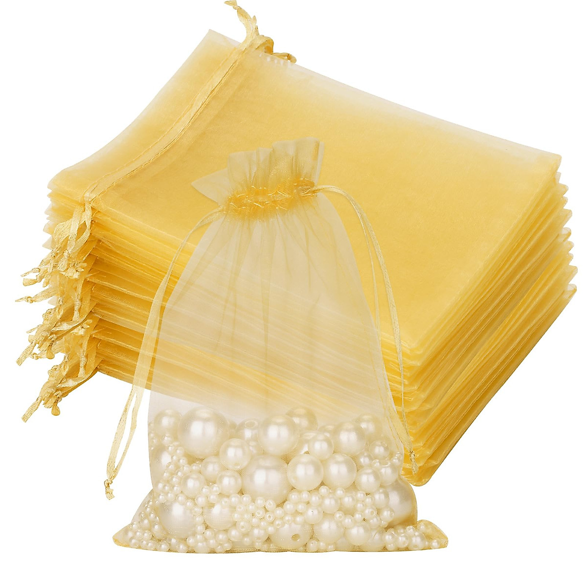 joycraft 50Pcs Organza Bags, 5"x7" Gift Favor Bags, Gold Breathable Tulle Bags with Drawstring, Sheer Mesh Pouch Drawstring Bags for Wedding Favor, Jewelry, Makeup, Candy