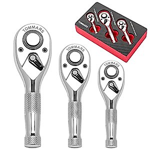 TOMMARS Stubby Ratchet Set, 1/4", 3/8", 1/2" Drive Ratchet Handle Wrench 72-Tooth Quick-Release Reversible
