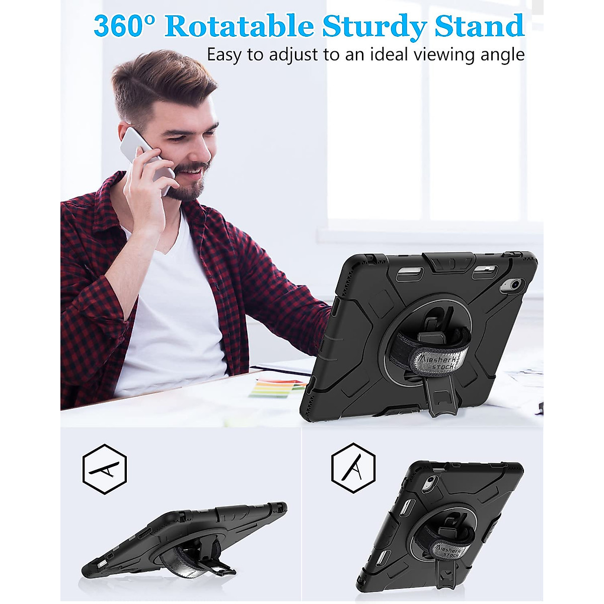 Case for iPad 10th Generation 2022: Military Grade Silicone Protective Cover for iPad 10th Gen 10.9 Inch W/Screen Protector- 360° Rotatable Stand- Shoulder Strap- Handle Pencil Holder Black