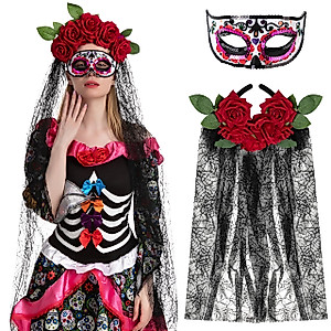 Spooktacular Creations 2 Pcs Day of The Dead Accessories Set with Rose Flower Crown Headband and Masquerade Eye Mask for Halloween Party and Mexican Dia Muertos Costume Accessories