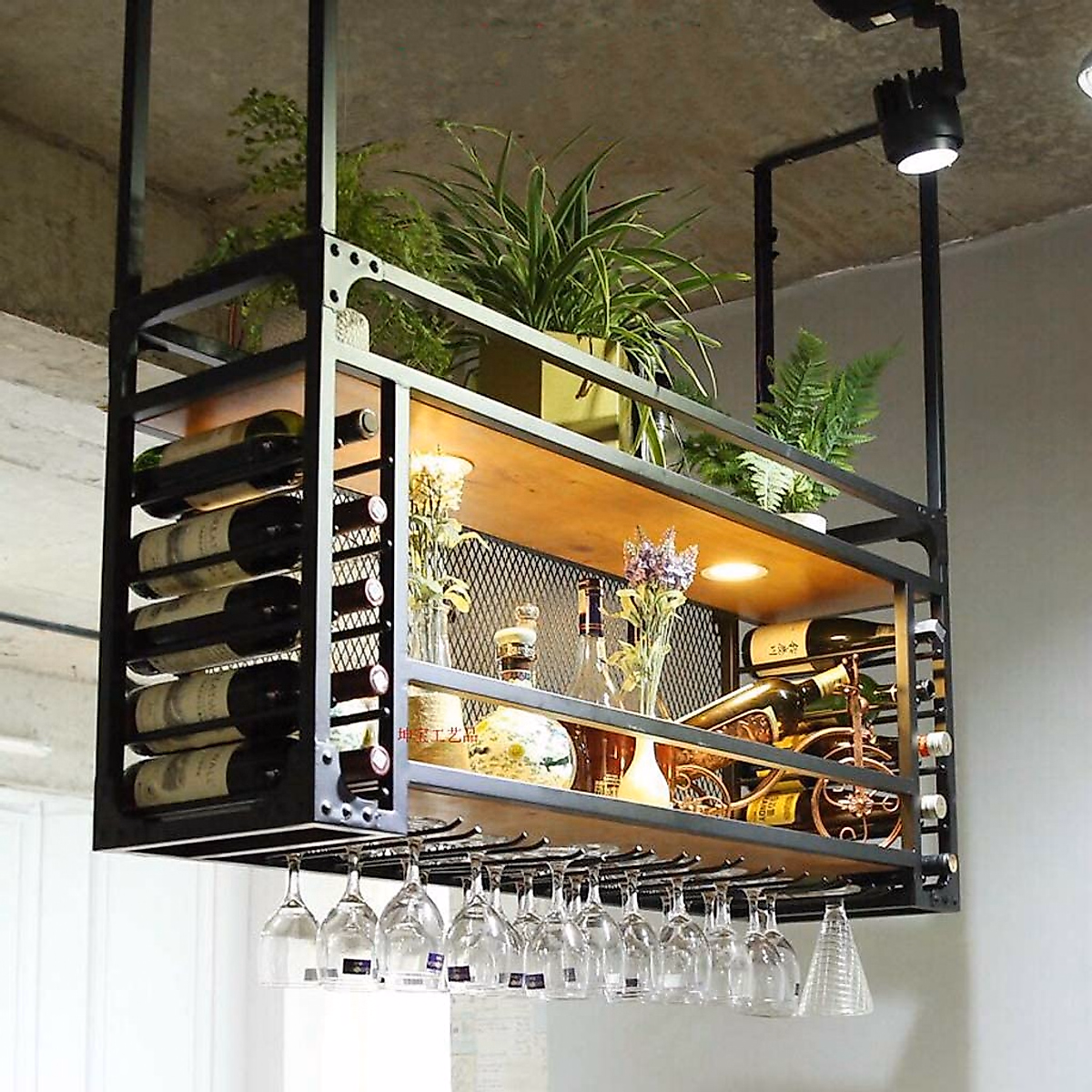 Ceiling Wine Rack,Glasses Stemware Hanger Shelf,Wine Glass Rack/Hanging Bottle Holder,Kitchenskitchen Wood Metal Hanging Shelf,Ceiling Decoration Shelf for Bars,Restaurants, (Black 120x30cm)