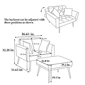 YuiHome 36.61'' Wide Modern Accent 3 Positions Adjustable Backrest, Tufted Chaise Lounge Chair, Single Recliner Armchair with Ottoman and Gold Legs for Living Room, Bedroom,Pink